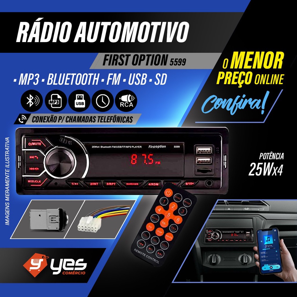 Rádio Automotivo First Option MP3 SD BLUETOOTH 2xUSB 1 Din - Escorrega ...