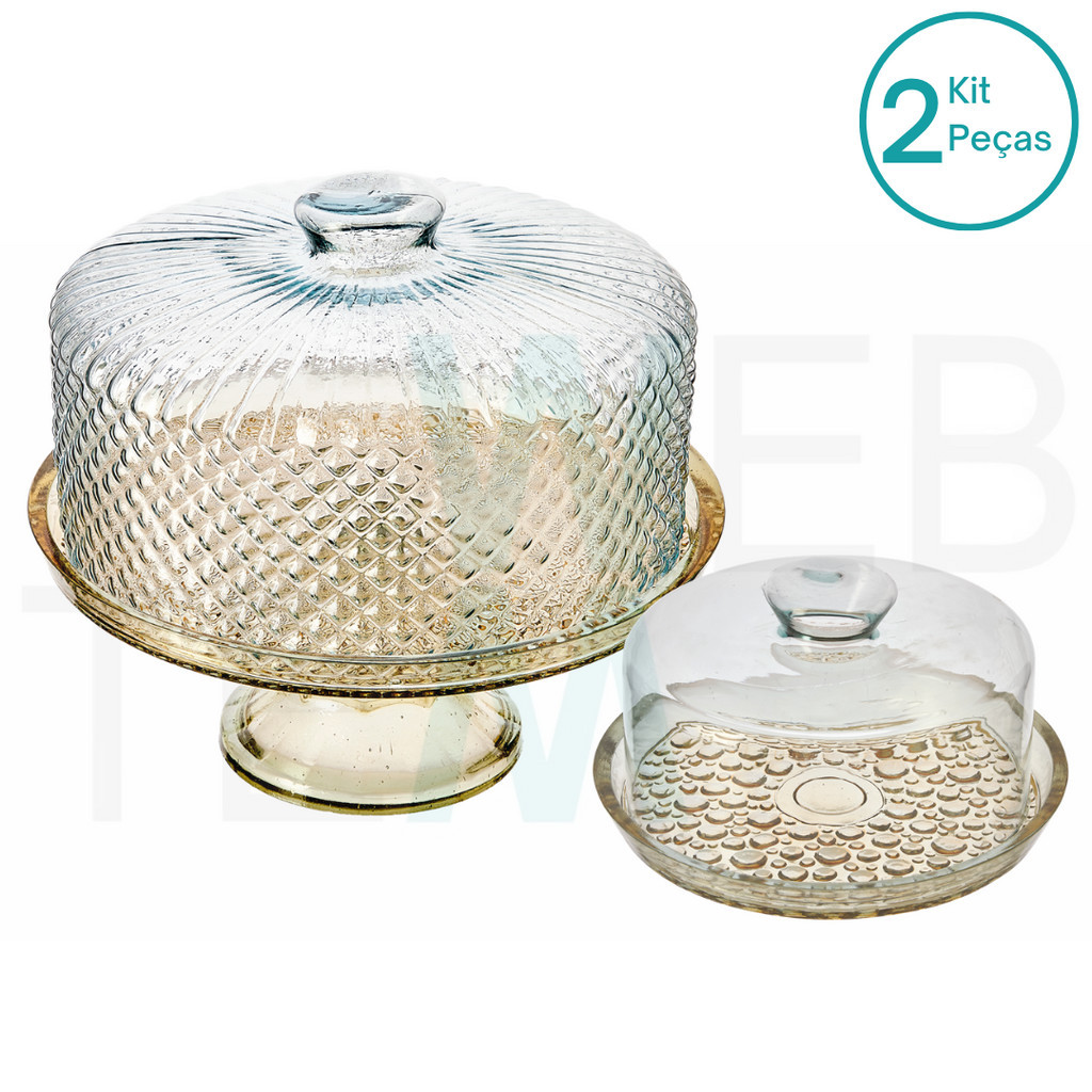 Kit Boleira de Vidro Bico de Jaca Dourada Vitazza e Queijeira de Vidro ...