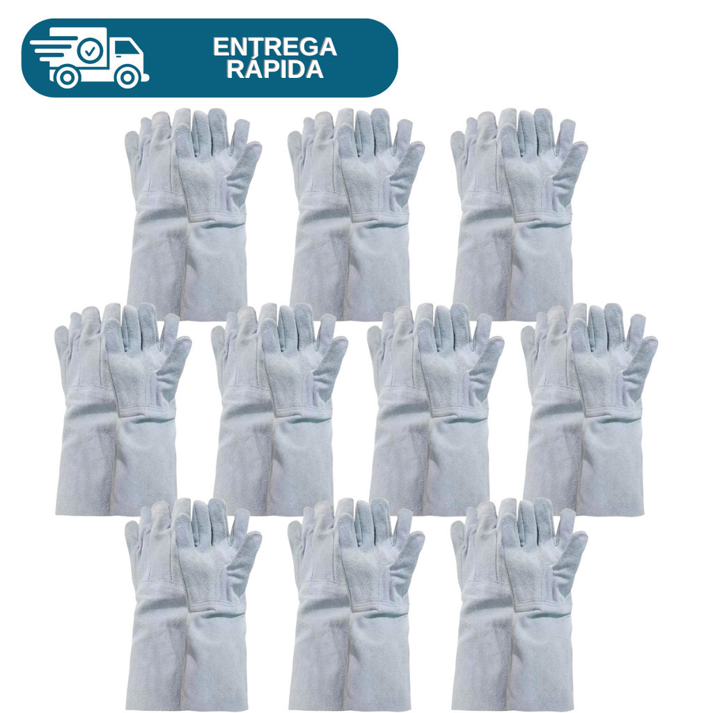 Kit 10 Prs Luva Raspa Cano Longo Punho 20cm Couro Reforçada Pedreiro ...