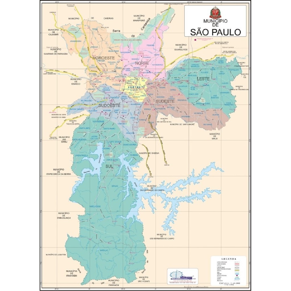 Mapa Geográfico e Político Gigante da Cidade Município de São Paulo - Dobrado Medindo 120x90 cm ...