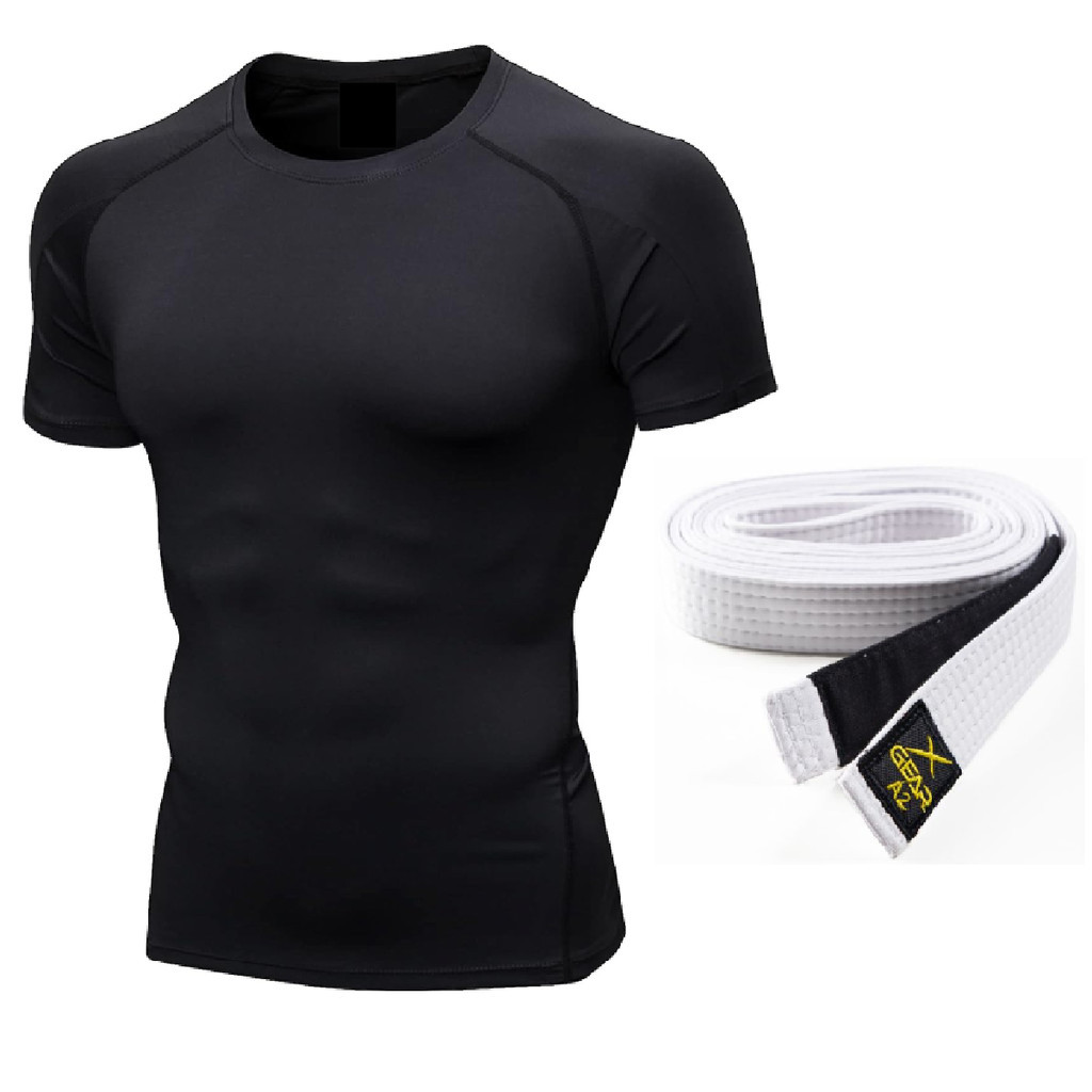Rash Guard Jiu Jitsu Preta Manga Curta Lisa + Faixa Branca | Shopee Brasil