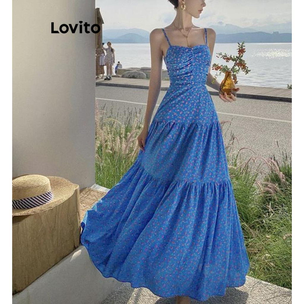 Lovito Elegante Vestido Feminino Plissado Estampa Ditsy Floral Com