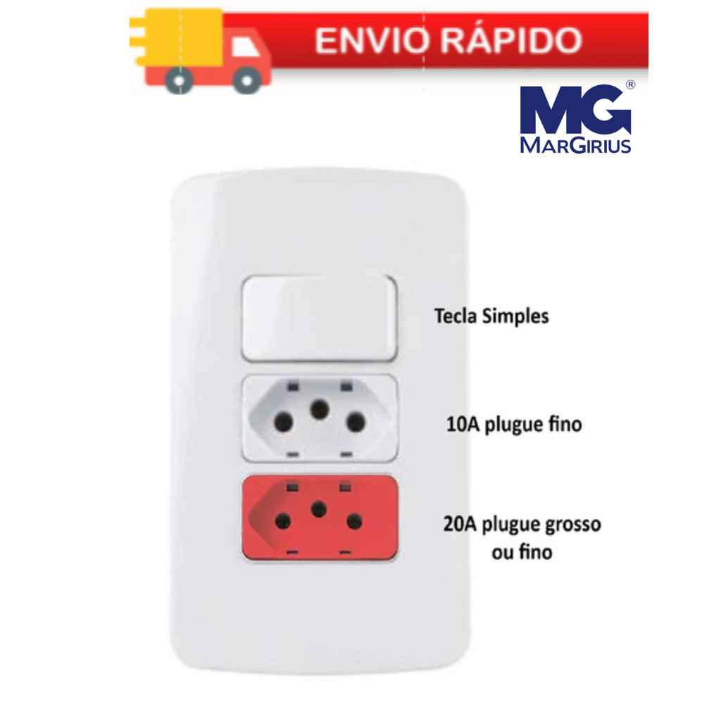CONJUNTO TOMADA DUPLA 10A BRANCA 20a VERMELHA + 1 INTERRUPTOR SIMPLES 4X2 2X4 MARGIRIUS B3 ...