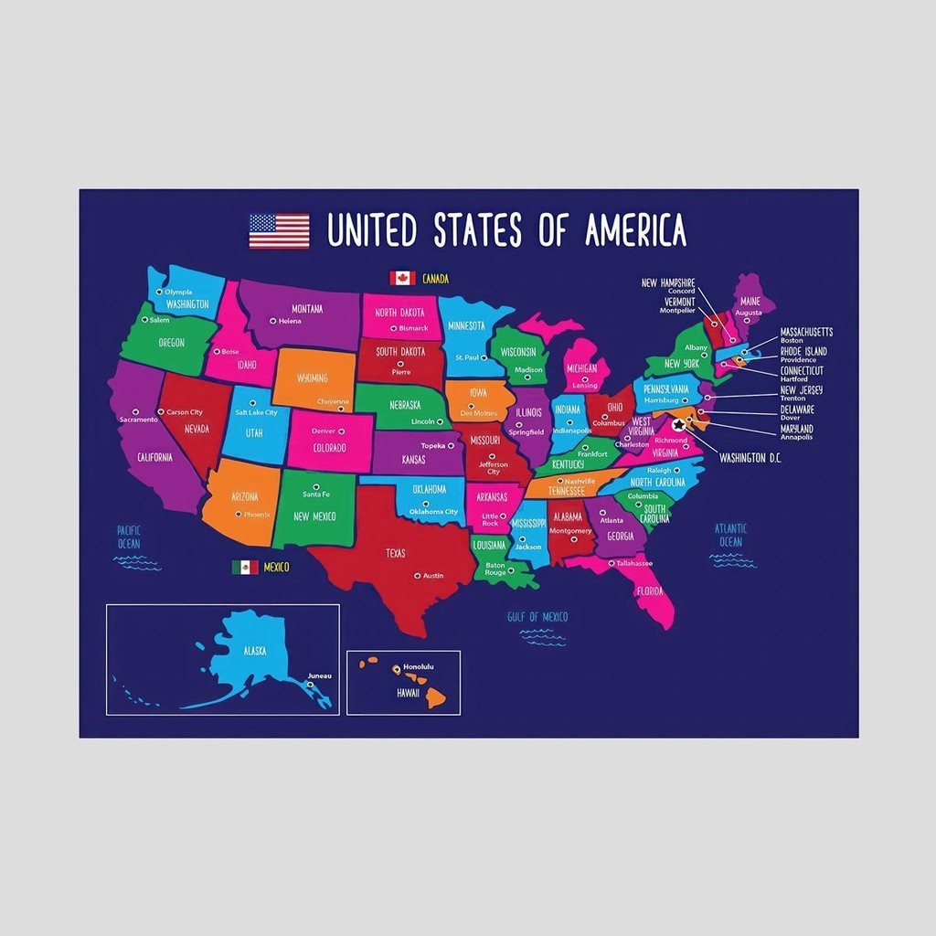 Mapa Dos Eua 50 Estados Com Capitais Pôster De Arte De Parede Em Tela ...
