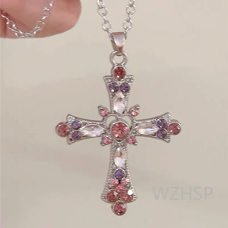 Colar Y2K Gótico Doce E Frio Com Pingente De Cruz De Diamante Pesado ...