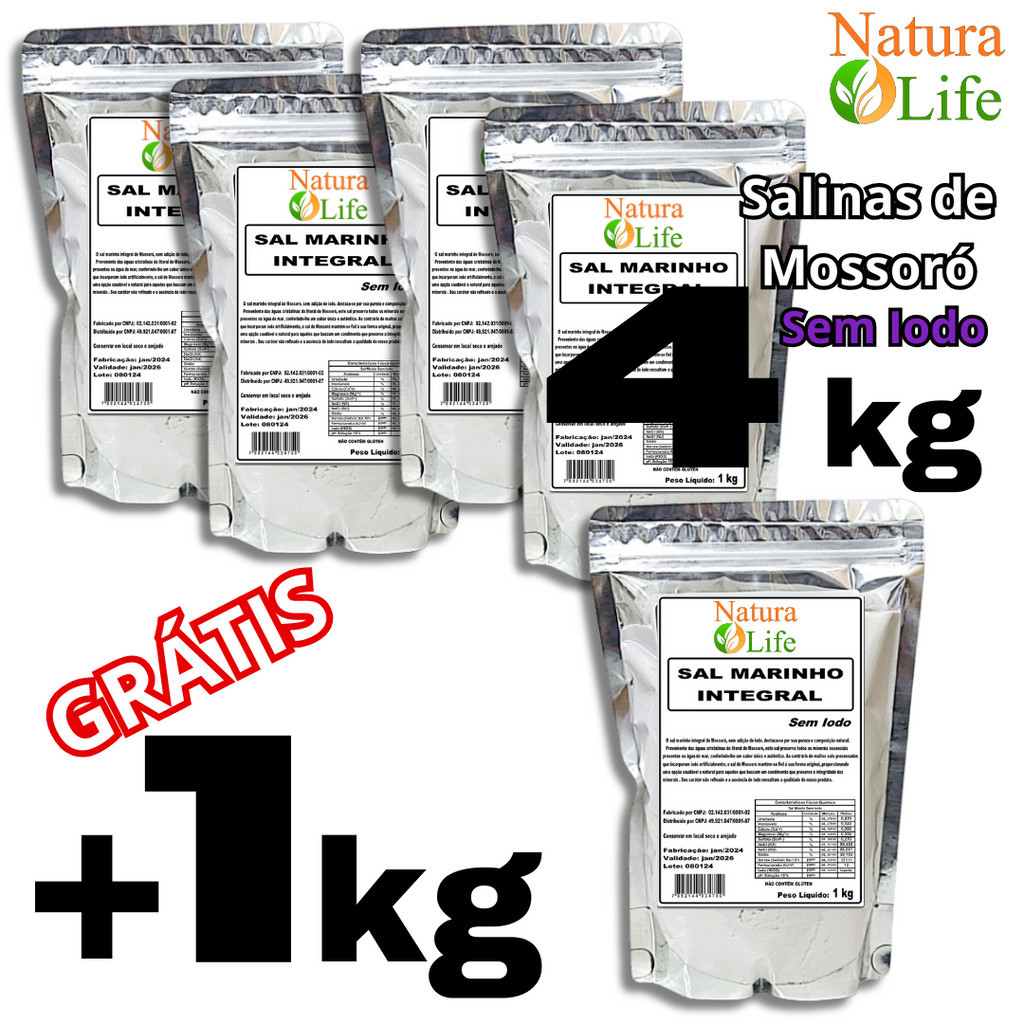 Sal Marinho Integral Sem Iodo Moído 5kg (4kg + 1kg Grátis) Mossoró | Shopee Brasil