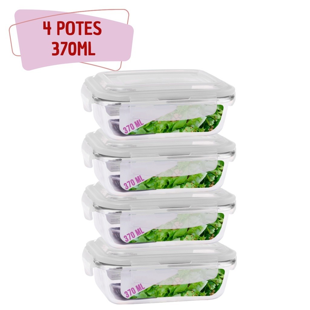 Kit 4 Pote Vidro Tampa Silicone Hermetica Retangular 370ml | Shopee Brasil