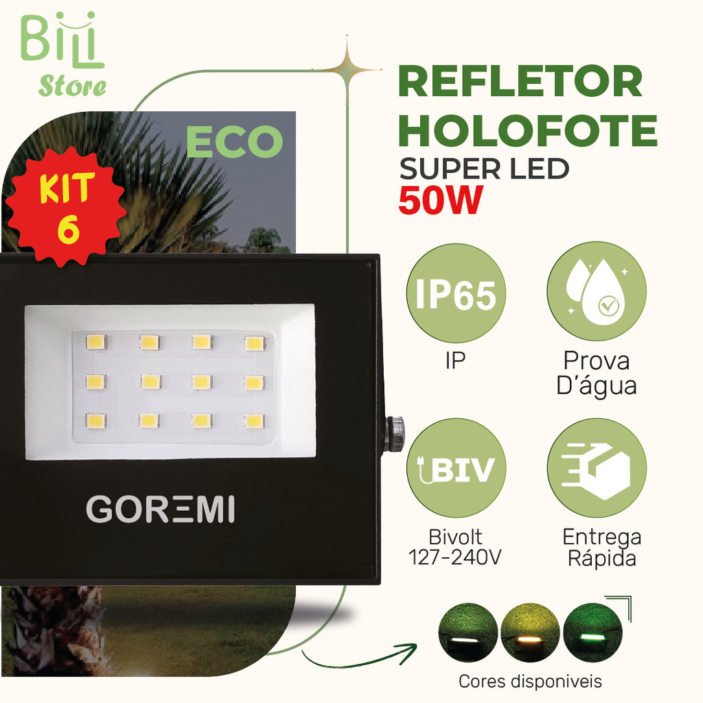 6 Holofote Refletor Led ECO Pro 50W Branco Frio 6500K (Luz Branca) Branco Quente (Luz Amarela ...