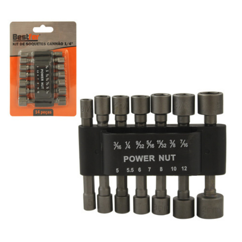 Kit Jogo 14 Bits Soquete Canhão Sextavado Profissional - Encaixe 1/4 ...