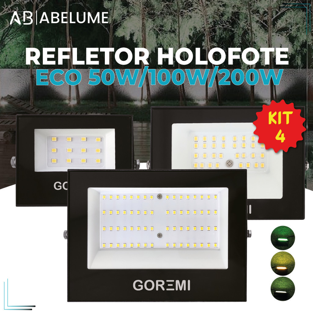 Kit 4 Refletor LED 200W 100W 50W Holofote Bivolt ECO A Prova d'água Luz Branca, Quente e Verde ...