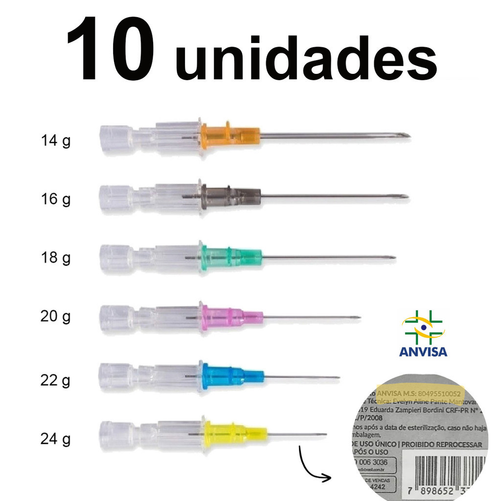 Kit 10 cateter jelco intravenoso Estéril Body piercing 14 16 18 20 22 ...