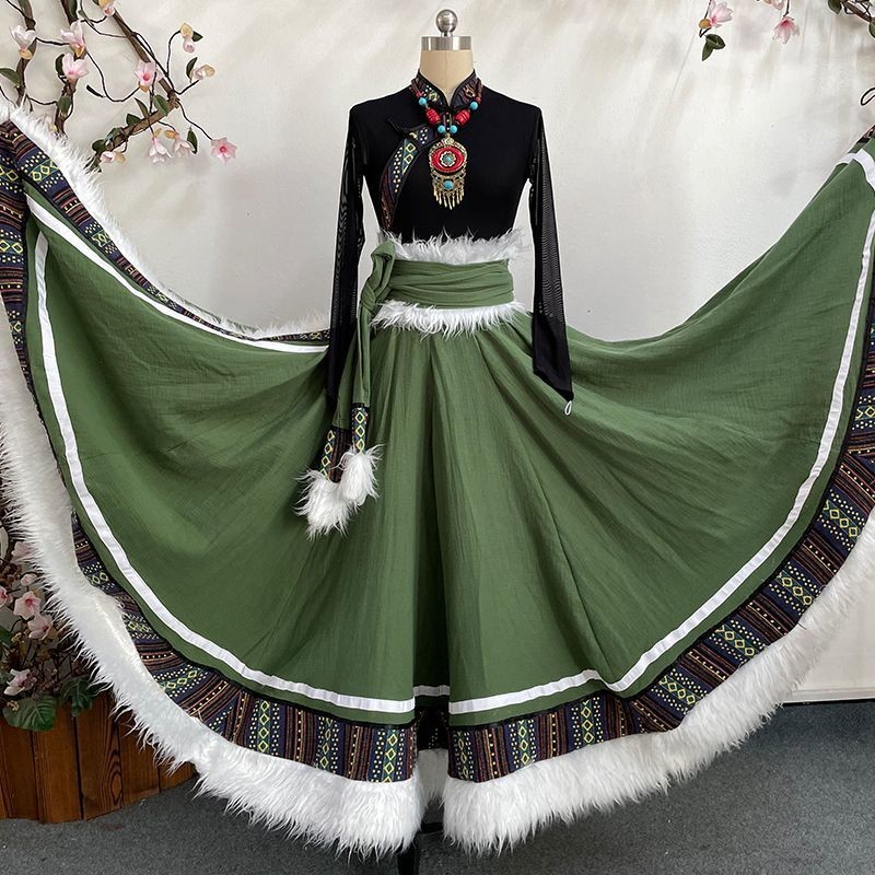 Novo estilo traje de dança tibetana divisão grande balanço saia traje ...