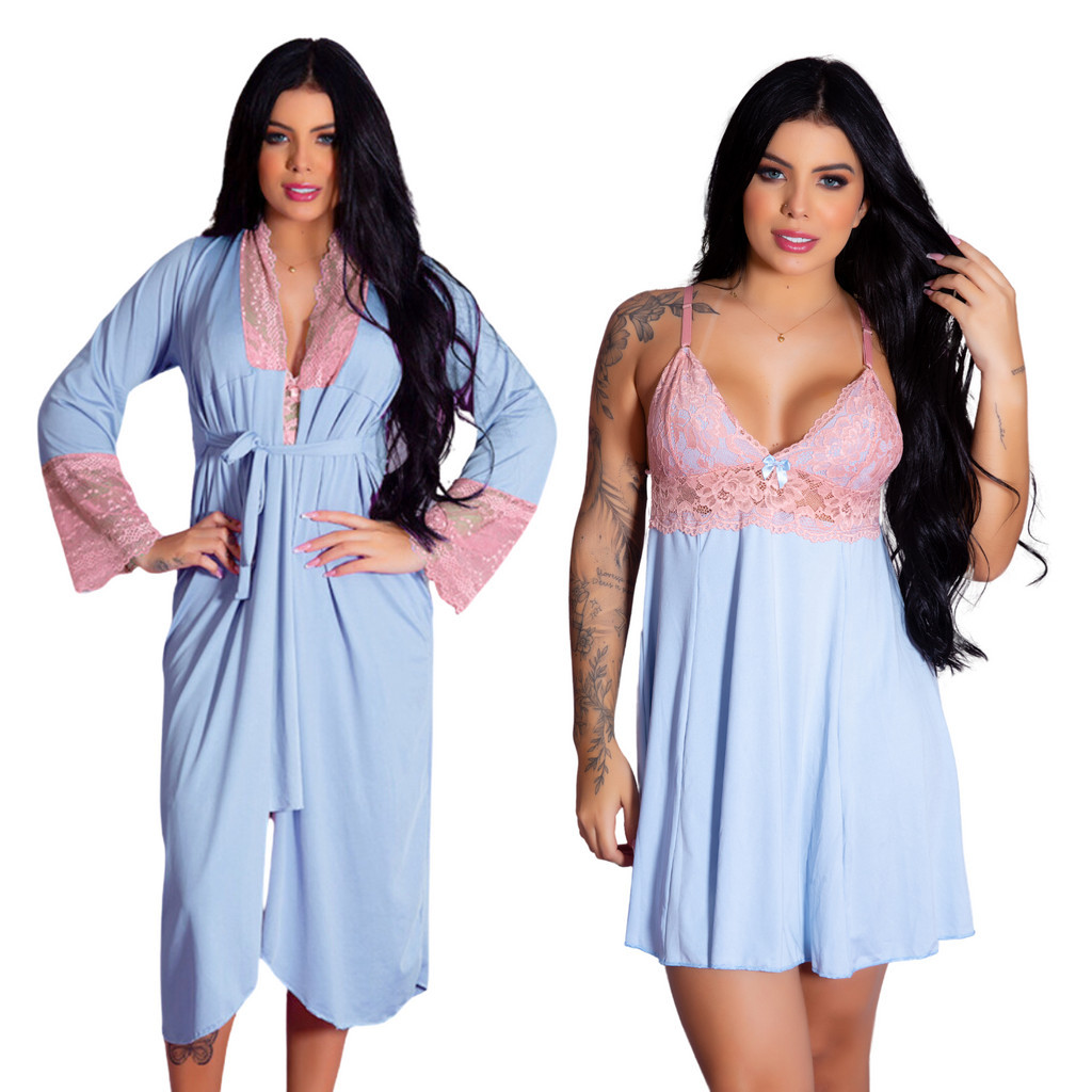 Kit Robe Longo e Camisola Sexy Confortável Sedutor Elegante Lingerie Feminina | Shopee Brasil