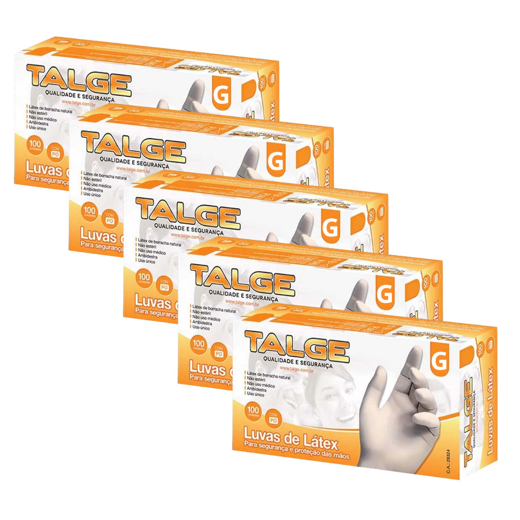 Kit 5 Luva Talge de Látex Com pó 100 uni Tamanho G | Shopee Brasil