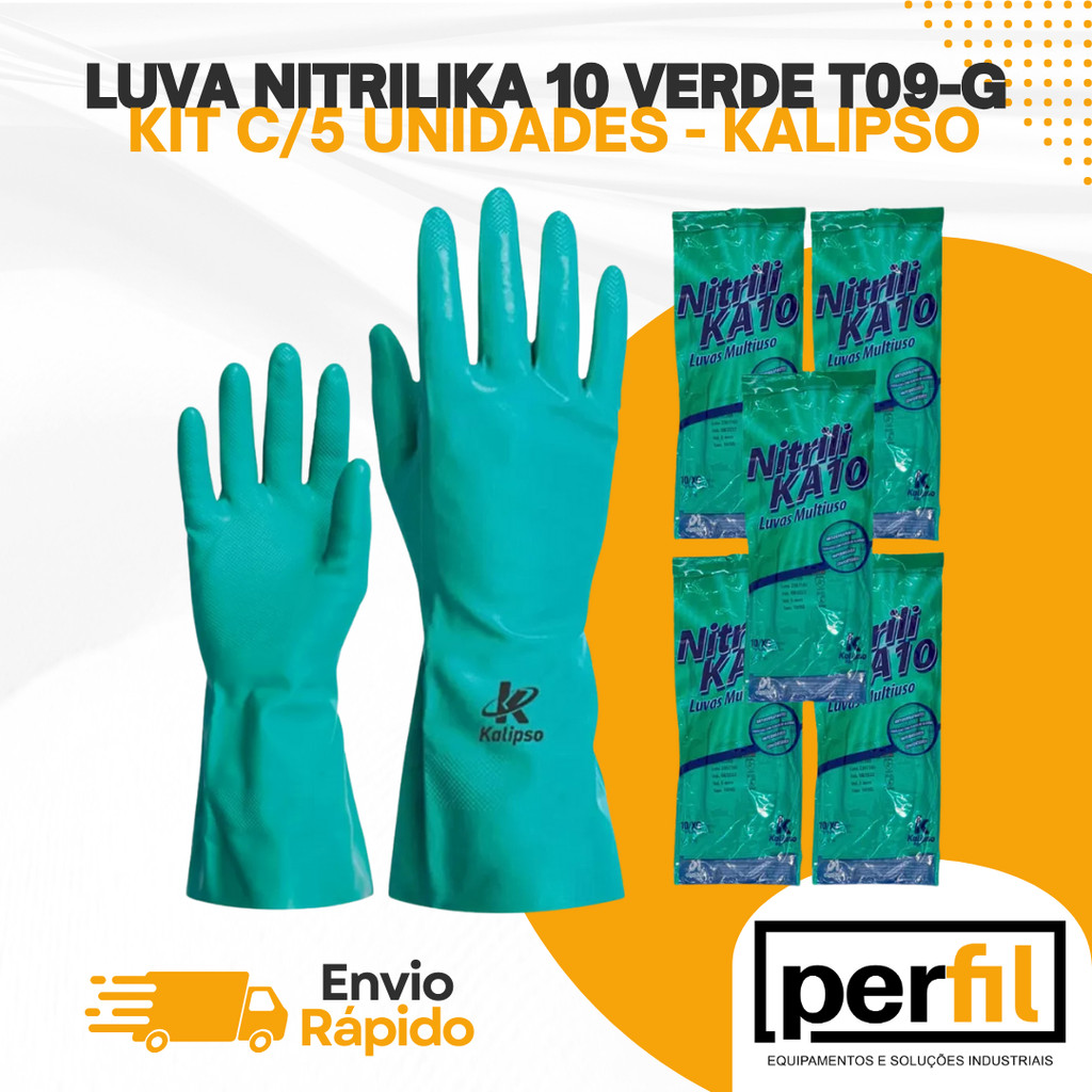 Kit 5 unidades Luva Nitrili Ka 10 Proteção Multiuso Verde Tam 09 G ...