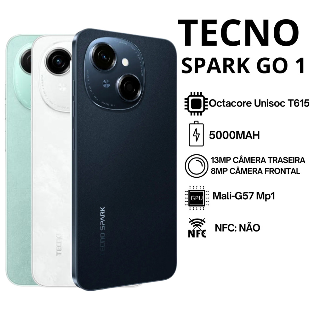 Tecno Spark Go 1 4G, 64GB e 3GB RAM, Processador Unisoc T615, Bateria ...