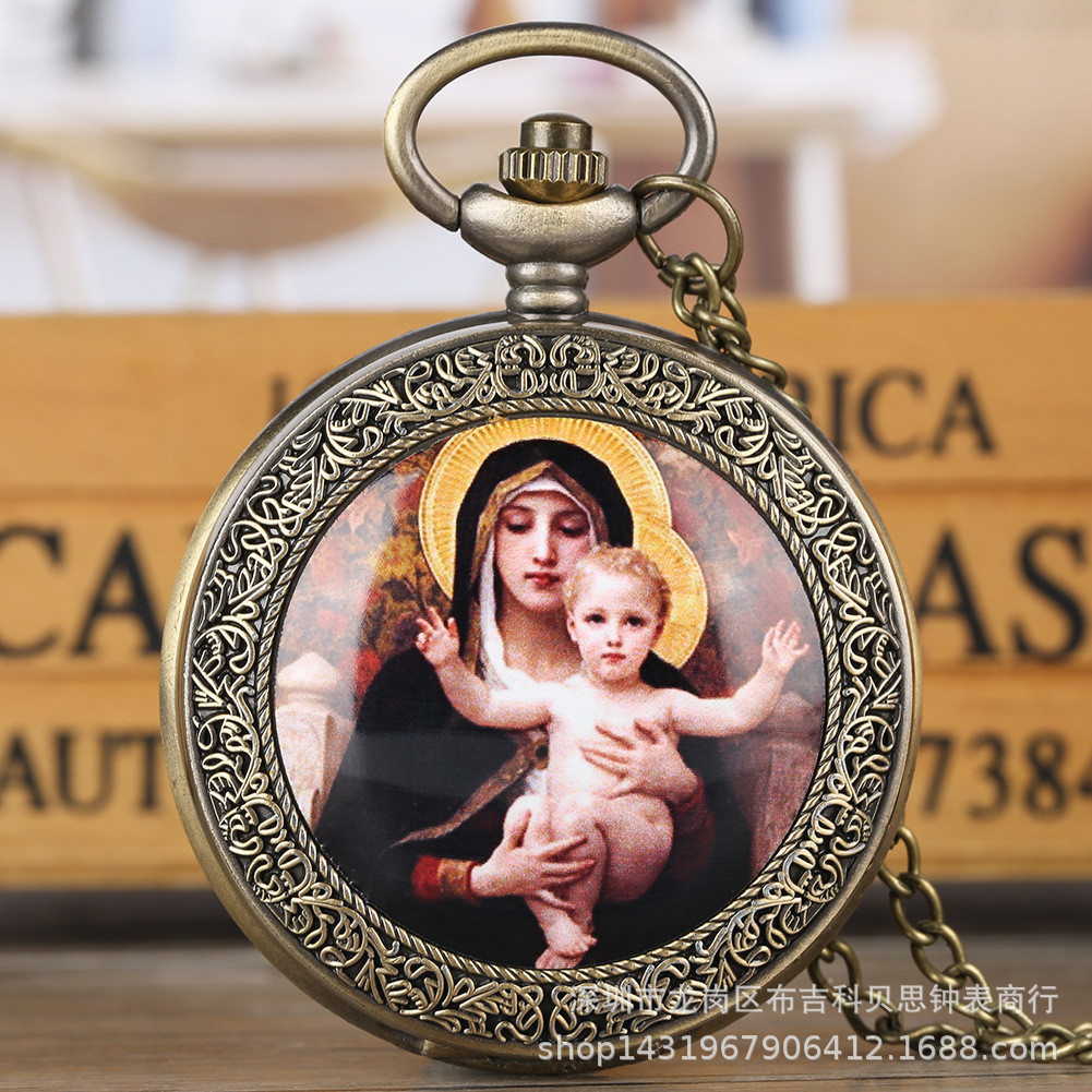 Relógio de Bolso Vintage Quartzo Tamanho Grande Virgem Maria e Jesus ...