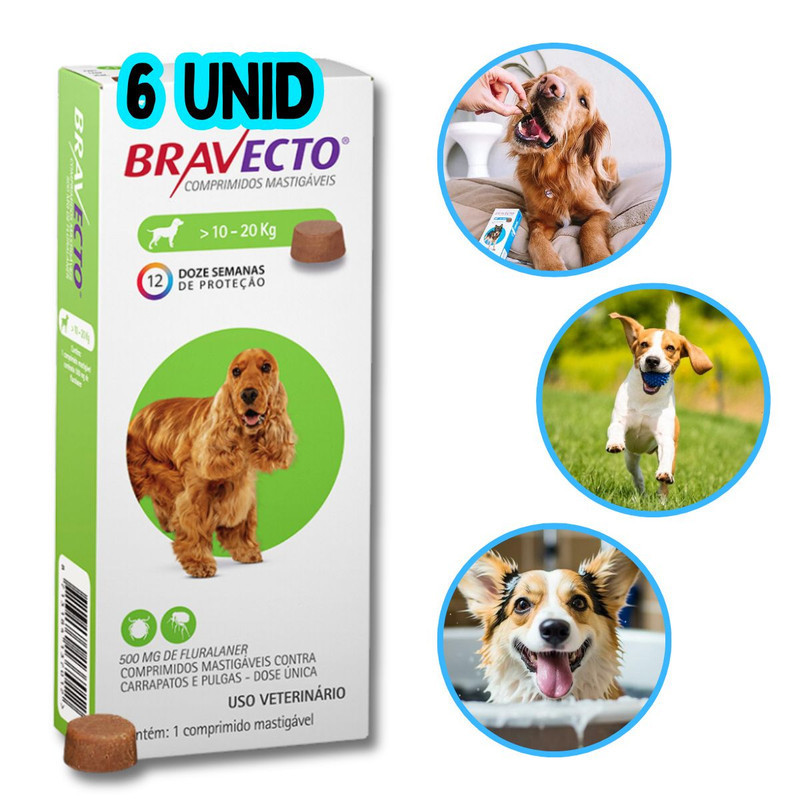 Kit 6un Bravecto Antipulgas E Carrapatos Cães De 10 A 20kg | Shopee Brasil