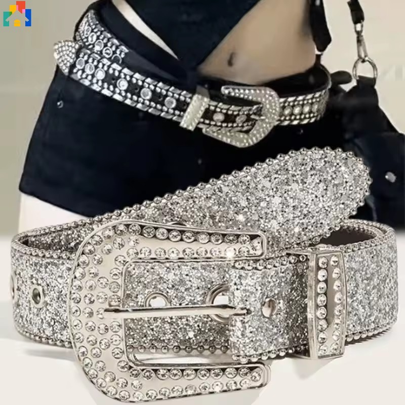 Y2K Moda Feminina Impressão Sólida Cravejado Completo Strass Cinto ...