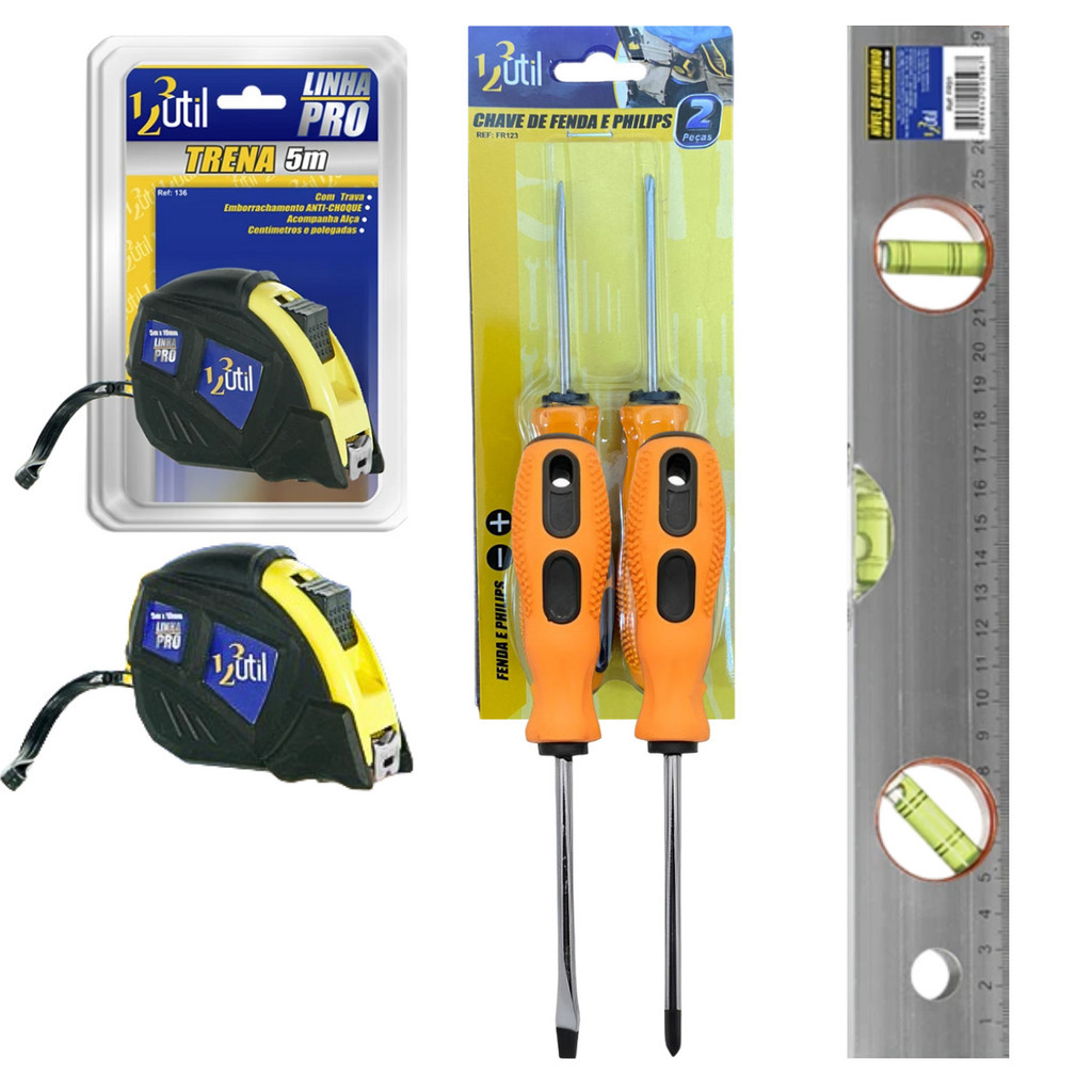 Chave De Fenda E Philips Trena Métrica 5m E Nível De Alumínio 30cm Kit ...