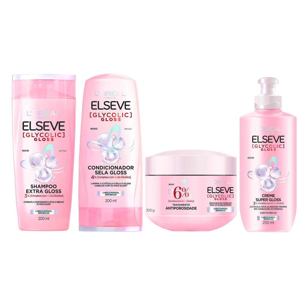 LINHA COMPLETA ELSEVE GLYCOLIC GLOSS LORÈAL PARIS 4 ITENS | Shopee Brasil