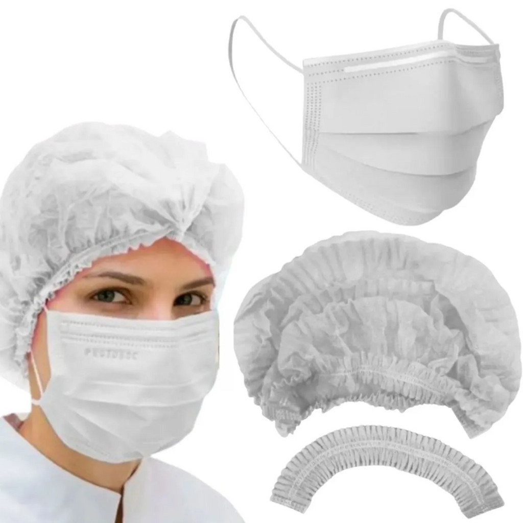 Kit 100 Touca Descartável TNT Sanfonada Branca + 150 Máscaras Tripla ...