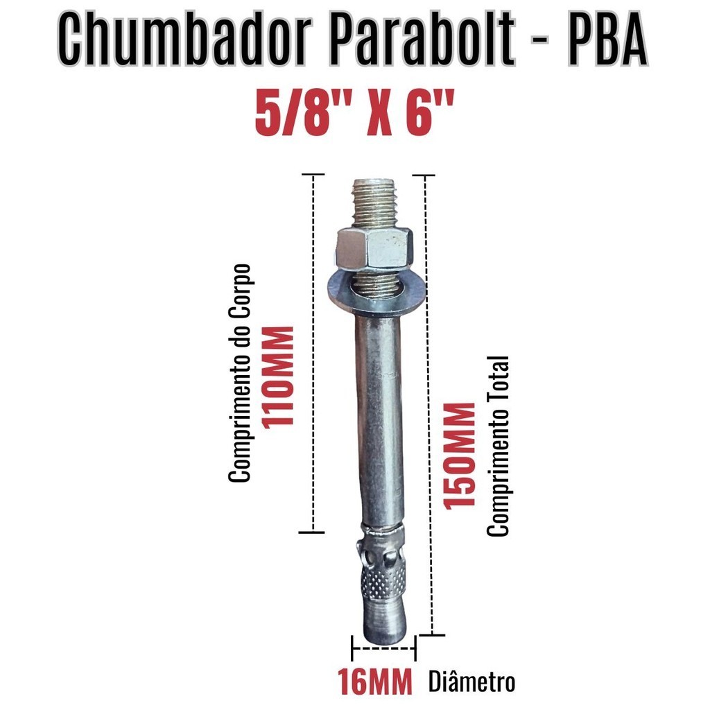 Chumbador Parabolt PBA 5/8 x 6" com Porca e Arruela | Shopee Brasil