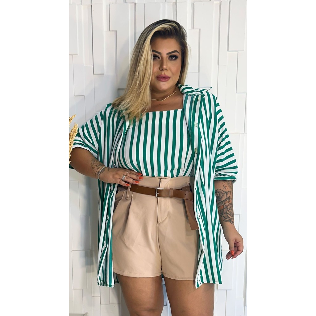 Maxi Camisa e Cropped Tendência Plus Size Listra Maite Verde All Curve ...