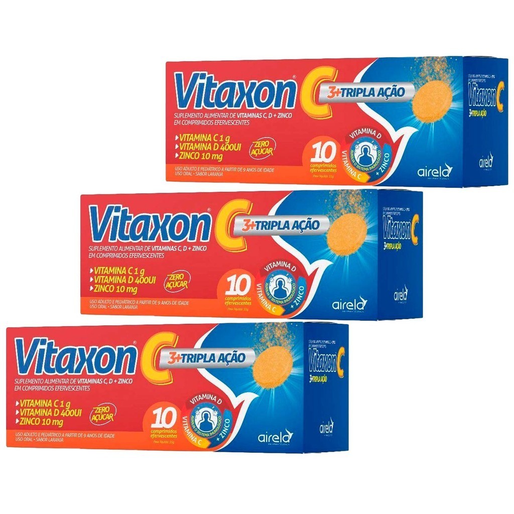 Kit 3 Vitaxon C D Zinco Tripla Ação 10 Comprimidos Efervescentes ...
