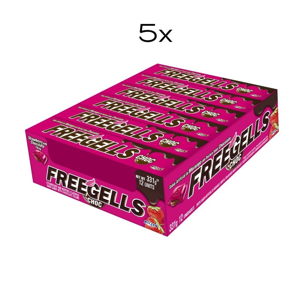 Bala Freegells Morango com Chocolate Recheado | Kit 5 display 12unx31g ...