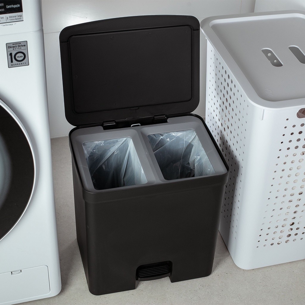 Cesto Lixo Preto 20 Litros com Pedal Recipiente Duplo Compartimento ...