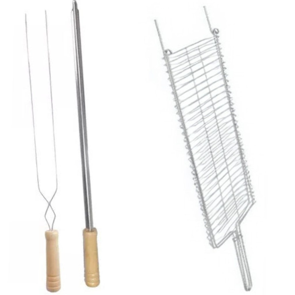 Kit Churrasco Grelha Dupla Abaulada Inox 1Espeto Duplo 1Simples 56 Cm ...
