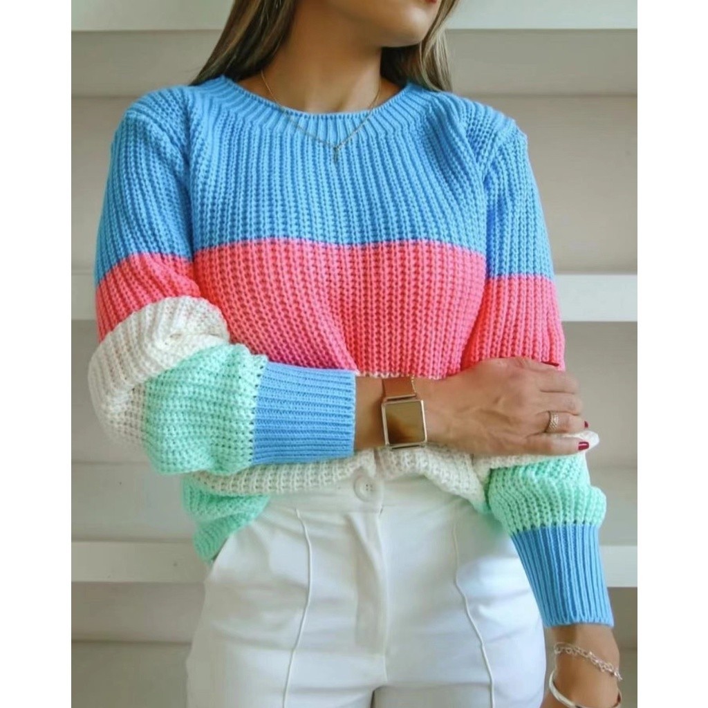 Blusa Tricot Com Manga Longa Colorida Listrada Moda Blogueira Inverno ...