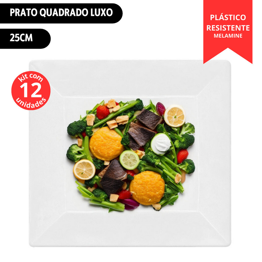 Kit c/12 unid Prato Quadrado 25x25cm Melamine Plástico Resistente ...