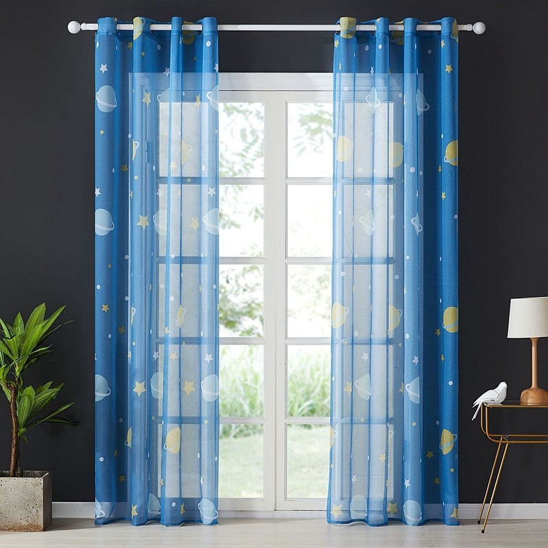 Desenho Animado Blue Rocket Stars Kids Sheer Curtains for Boys Room ...