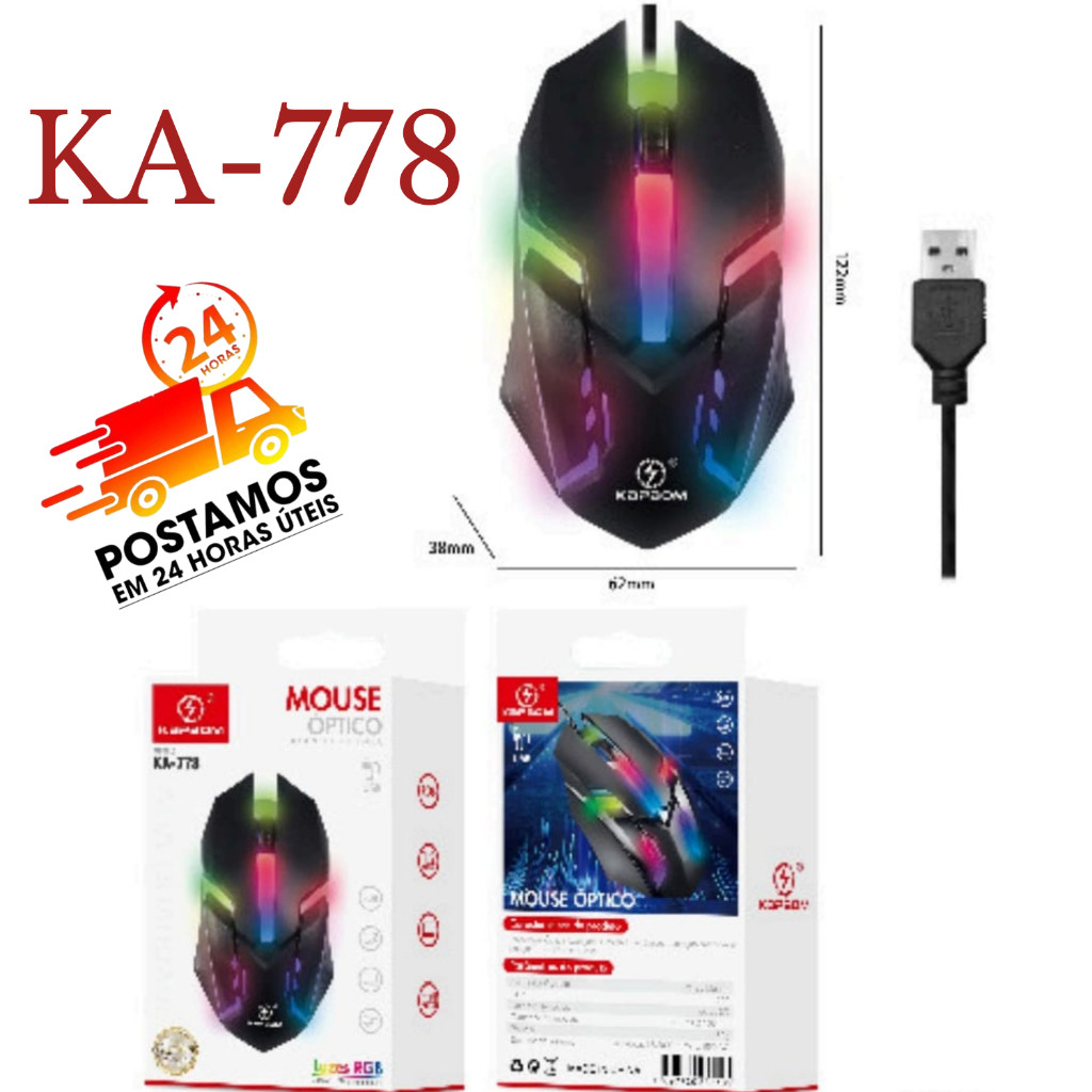 Mouse Gamer com FIO 1,2m com Led RGB 1200 dpi Kapbom Ka-778 | Shopee Brasil