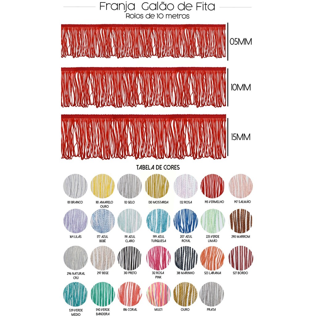 Franja de Tecido Acetinado - 10cm - Grade de Cores - Rolo C/10 Mts COR ...