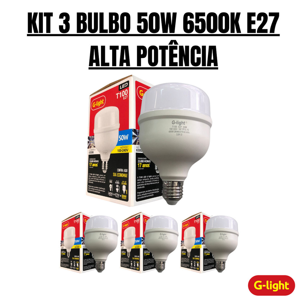 KIT 3 LÂMPADA LED BULBO 50W ALTA POTÊNCIA 6500K E27 BIVOLT GLIGHT | Shopee Brasil