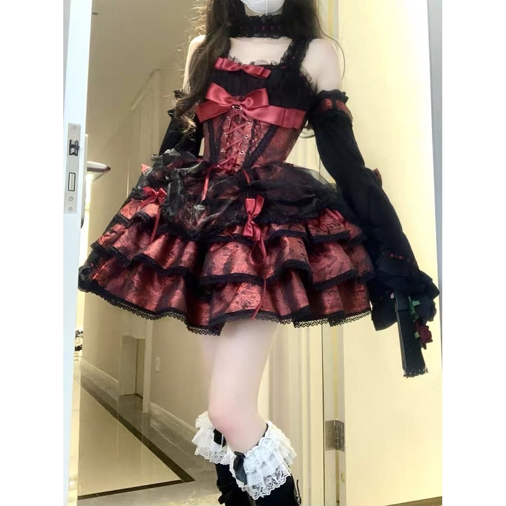 Rosa mordomo preto vermelho lolita JSK doce picante lolita vestido fofo bidimensional cos terno ...