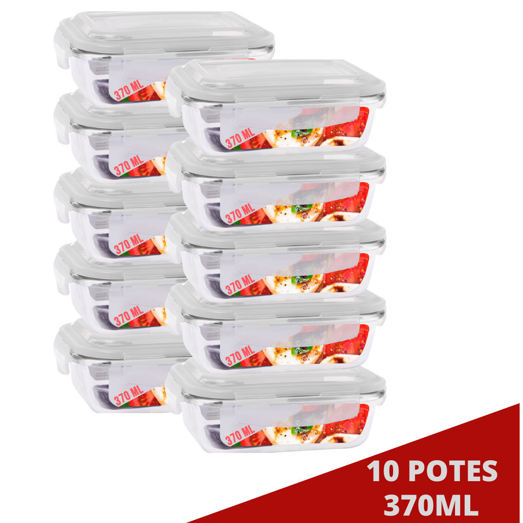 Kit 10 Pote Tampa Hermetica Retangular Vidro 370ml Multiuso | Shopee Brasil