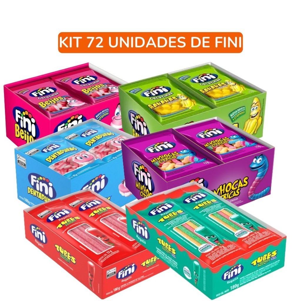 Kit 72 Pacotinhos Fini 15g cada Beijinho Banana Dentadura Minhoquinha ...