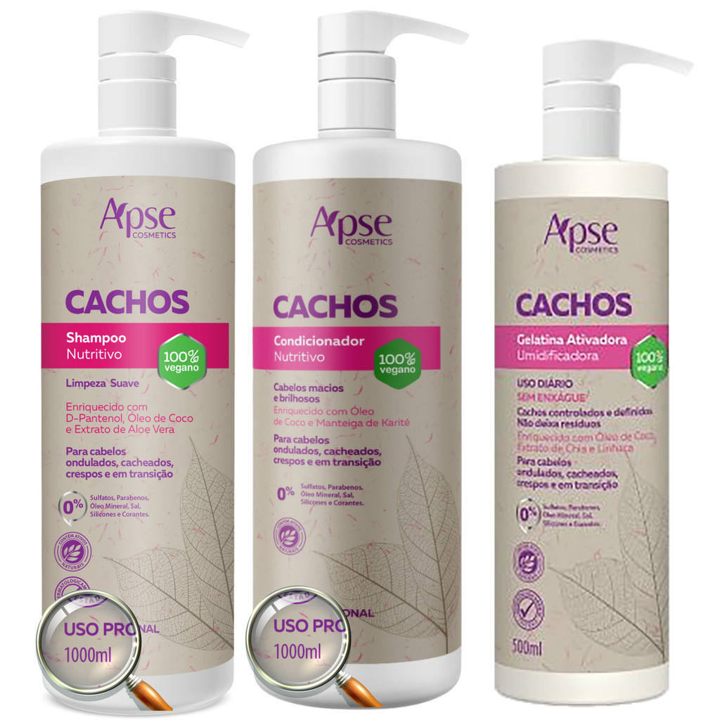 Apse Cachos Shampoo 1L Condicionador 1L Gelatina Ativadora 500ml | Shopee Brasil