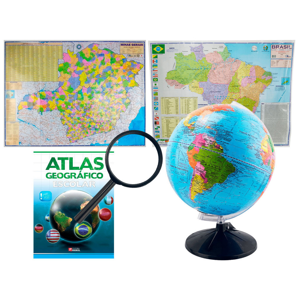 Kit Globo Terrestre Profissional Studio 30cm + Lupa + Mapa do Brasil + Mapa de Minas Gerais ...