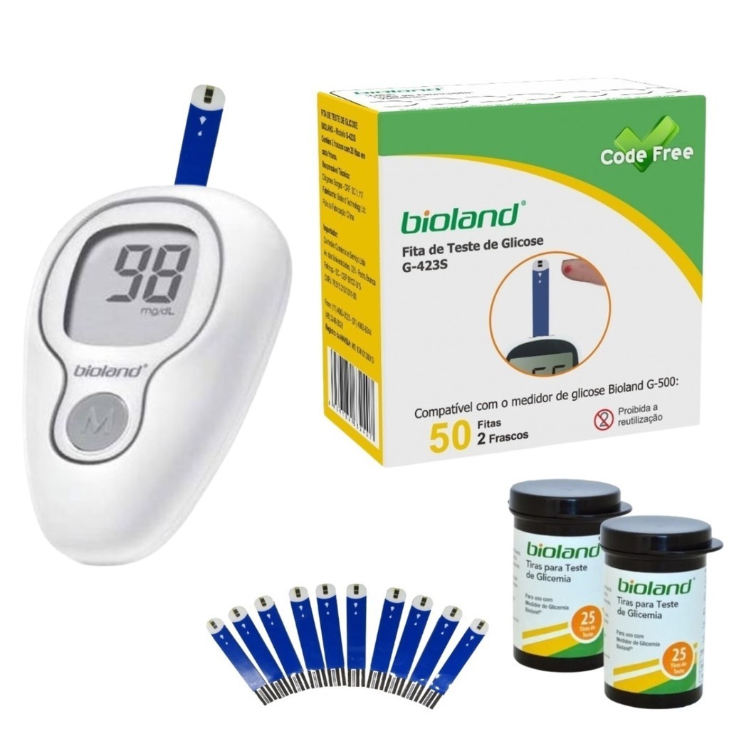 Kit Aparelho Medidor Digital Glicosímetro Bioland G-425-3 + 50 Fitas ...