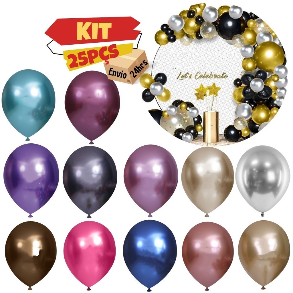 Balão Bexiga Cromado, 9 Polegadas Pacote De 25 Unds, Balão Metalizado Brilhante | Shopee Brasil