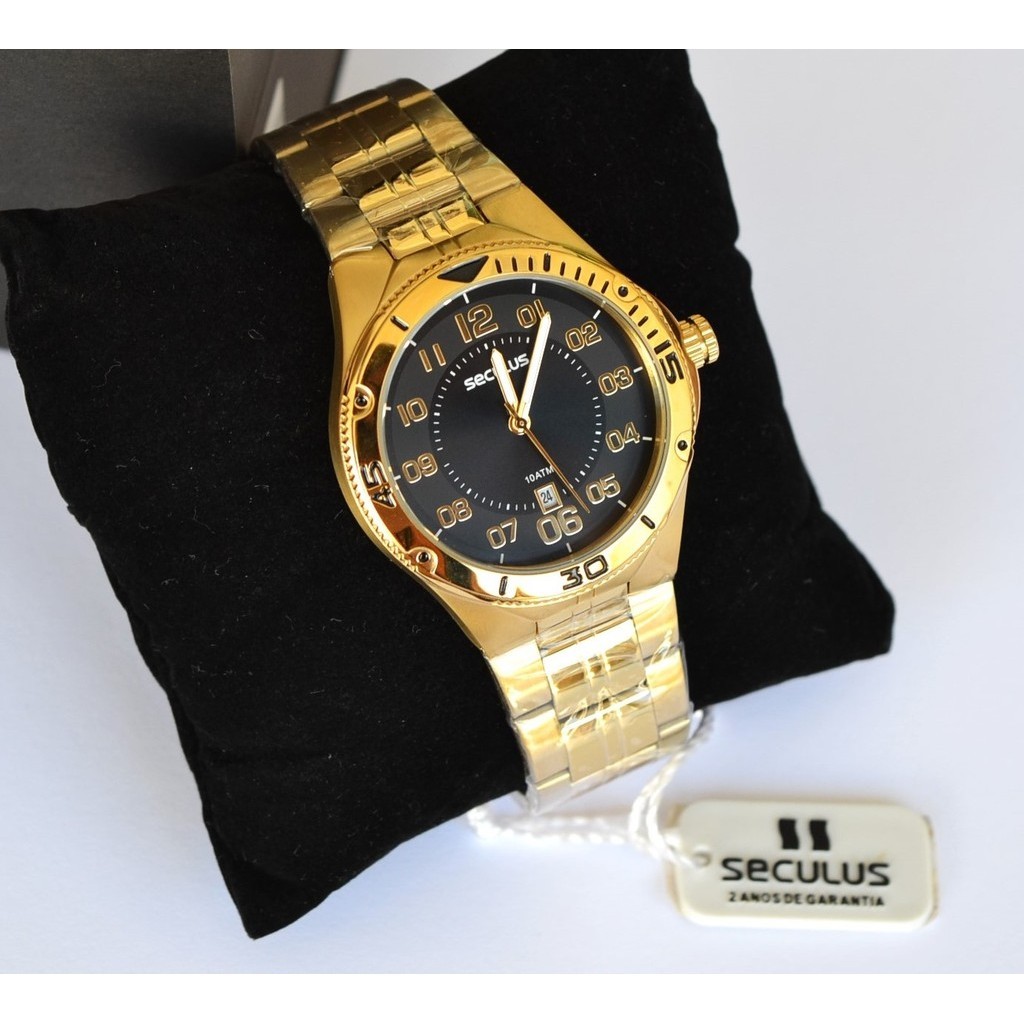 RELOGIO MASCULINO SECULUS DOURADO CALENDARIO 10 ATM NUMEROS ...