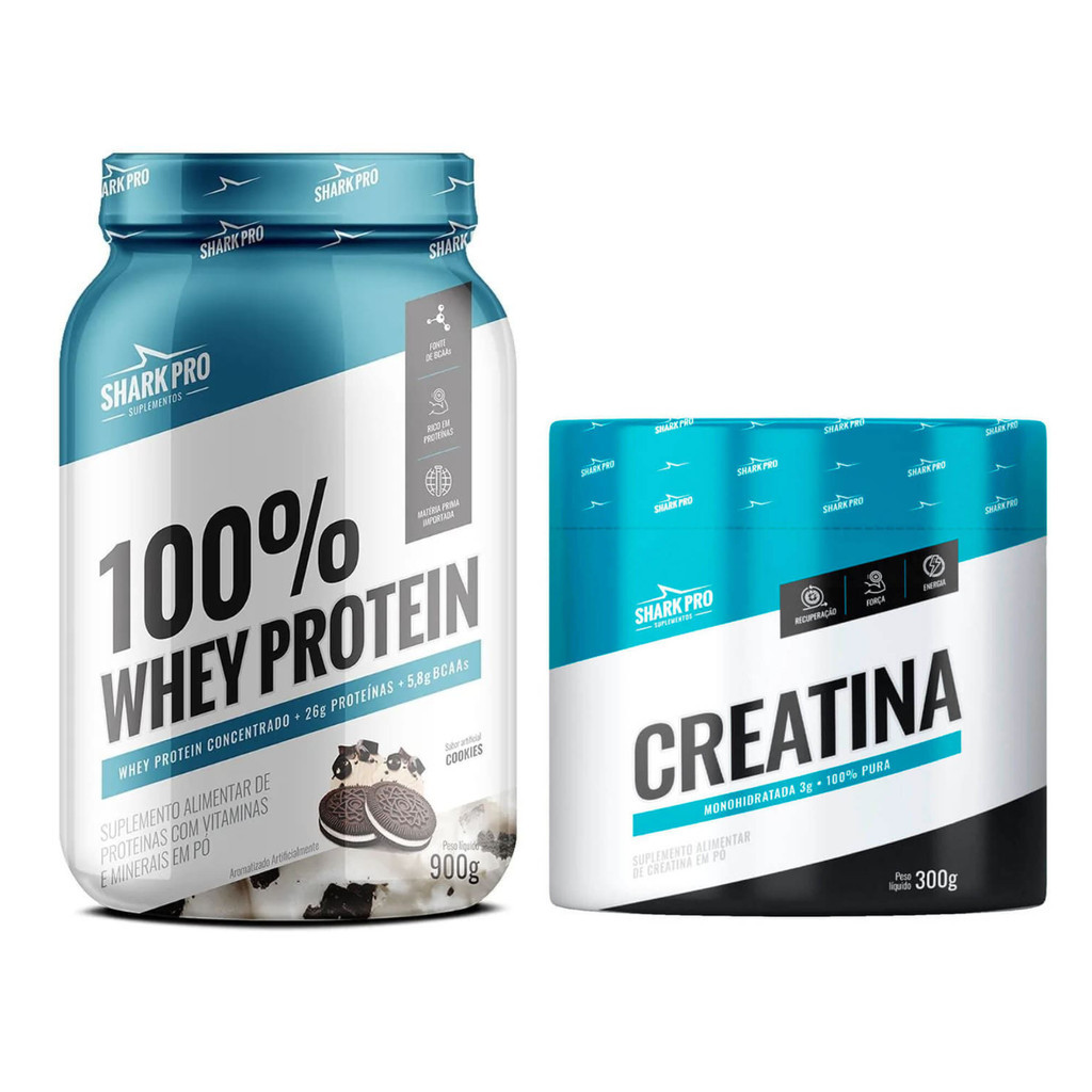 KIT 100% WHEY PROTEIN 900G POTE + CREATINA 300G SHARK PRO | Shopee Brasil