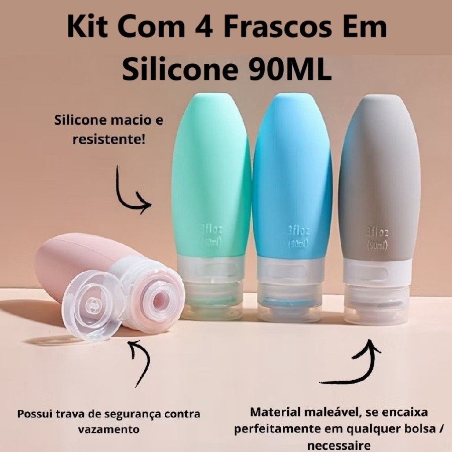 Kit 4 ou 3 Frascos 90ML Ou 60ML Silicone Com Estojo Transparente Útil ...