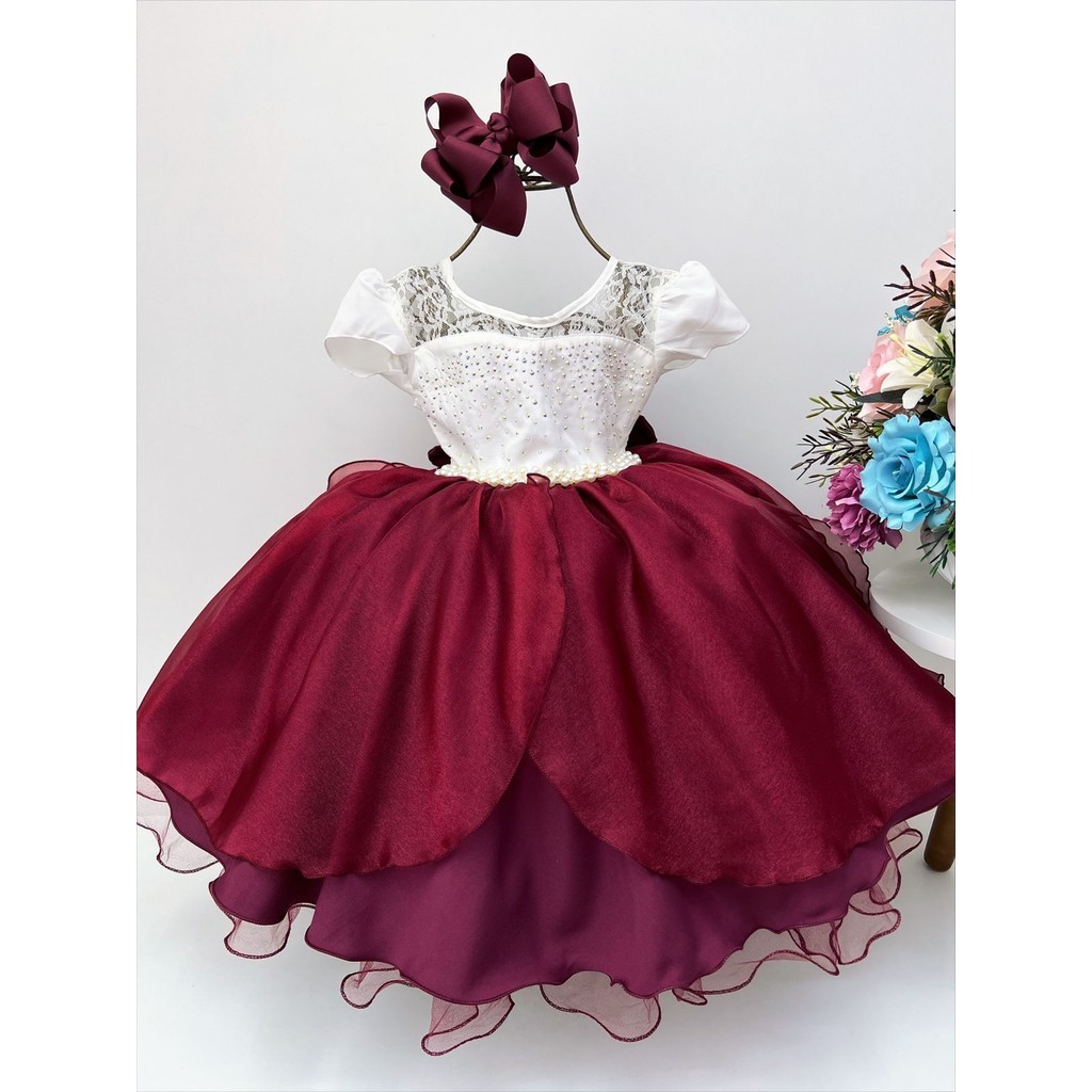 Vestido Infantil Marsala e Off Luxo Para Festas Casasmentos e Eventos ...