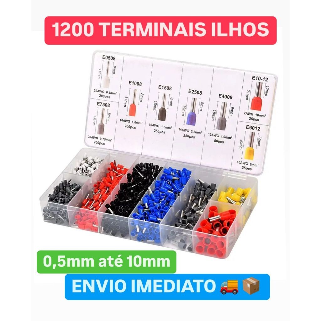 Kit 1200 Unidades Terminal Tubular Ilhós Para Fio Fino 0,5mm A 10mm ...